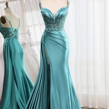 Turquoise Blue Lace Prom Dresses, Beading Prom Dresses 2025, Fashion ...