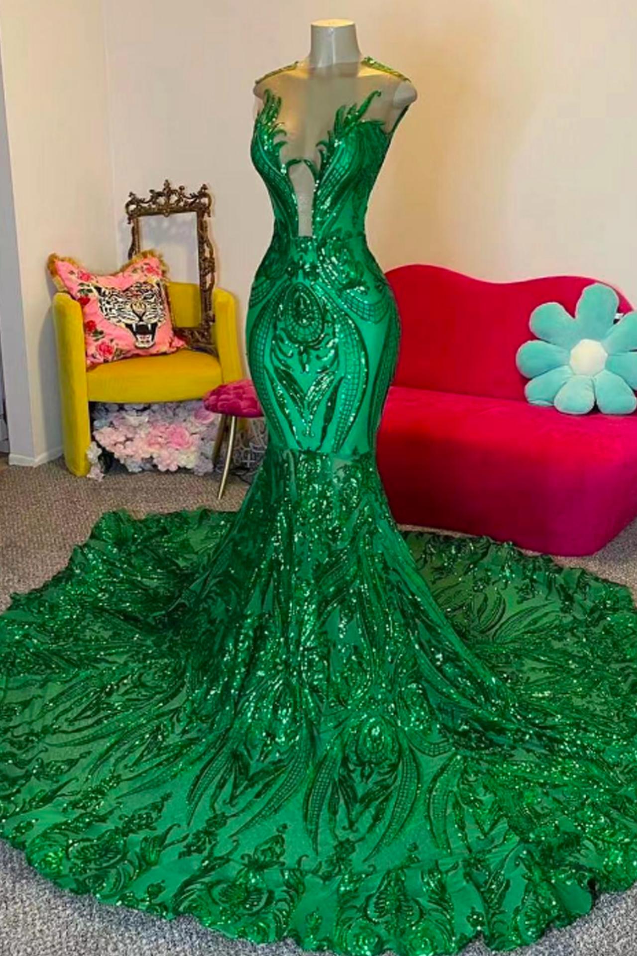 Green Prom Dresses, Sequin Applique Prom Dresses, Mermaid Evening ...