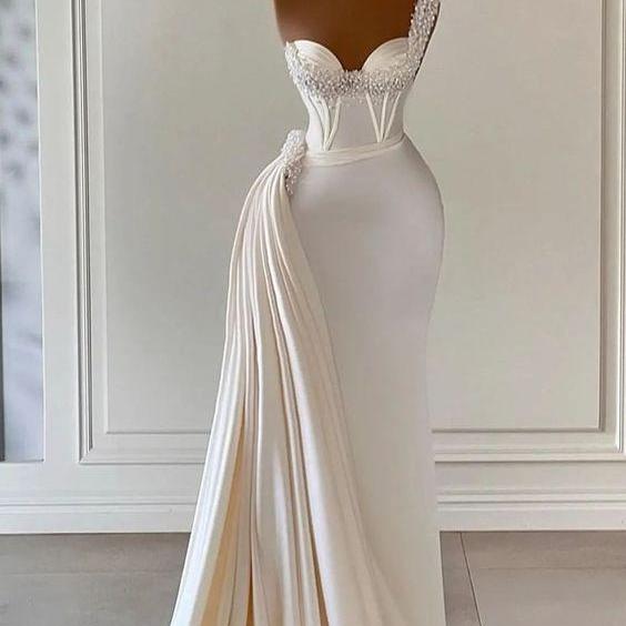One Shoulder Off White Wedding Dresses, Beading Wedding Dresses For ...