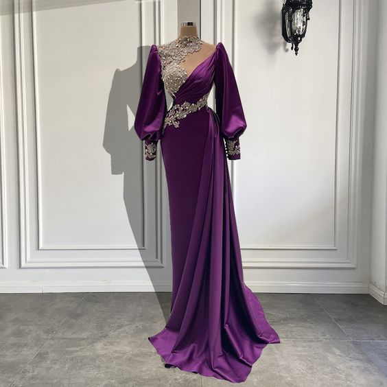 Arabic Prom Dresses, Purple Prom Dresses, High Neck Evening Dresses ...