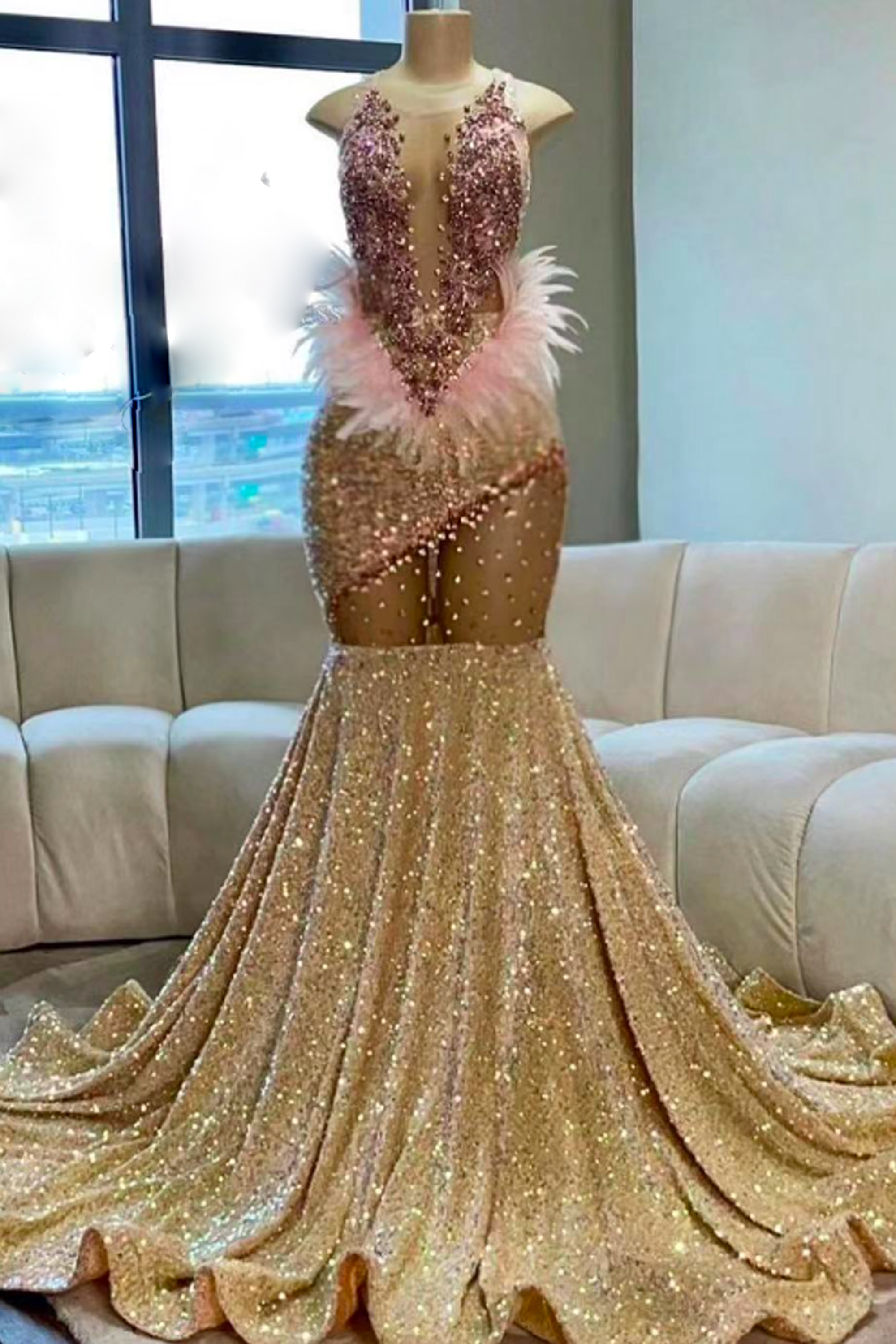 Rhinestones Prom Dresses, Gold Evening Dresses, Feather Prom Dresses ...