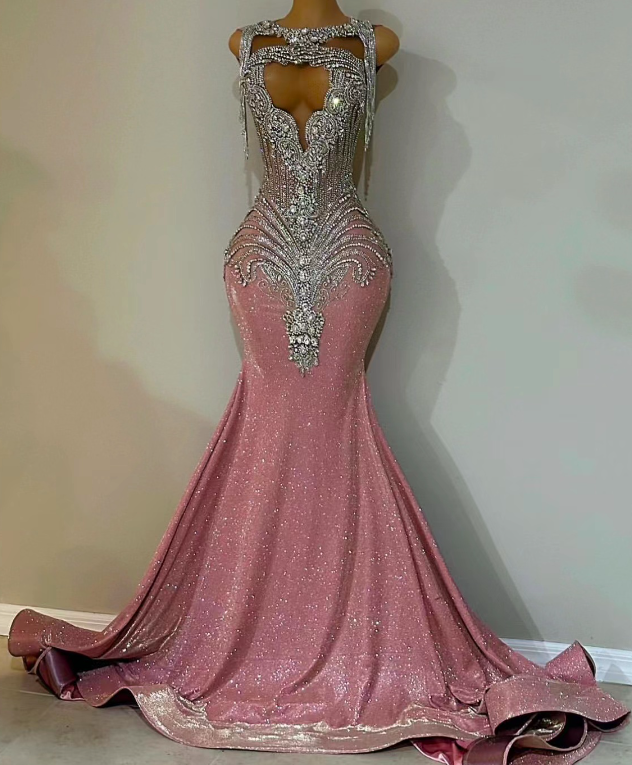 Rose Pink Sparkly Prom Dresses 2025, Rhinestone Rhinestone Embellished ...