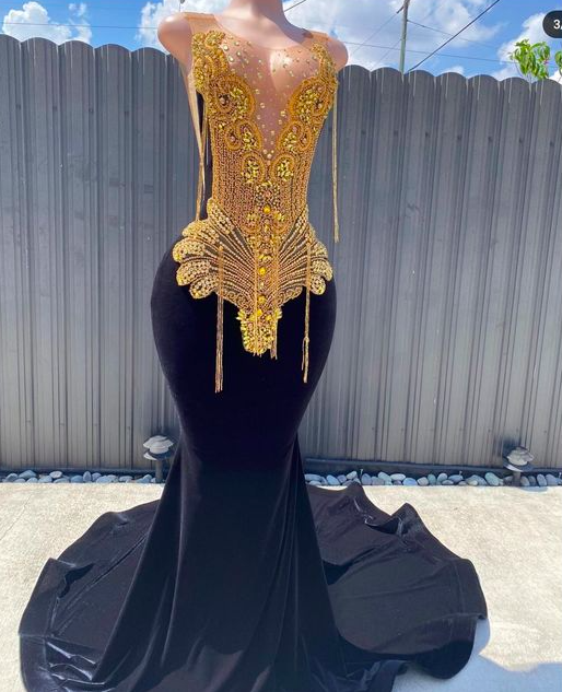 Black Girls Fashion Prom Dresses 2025, Gold Rhinestones Beading Prom ...